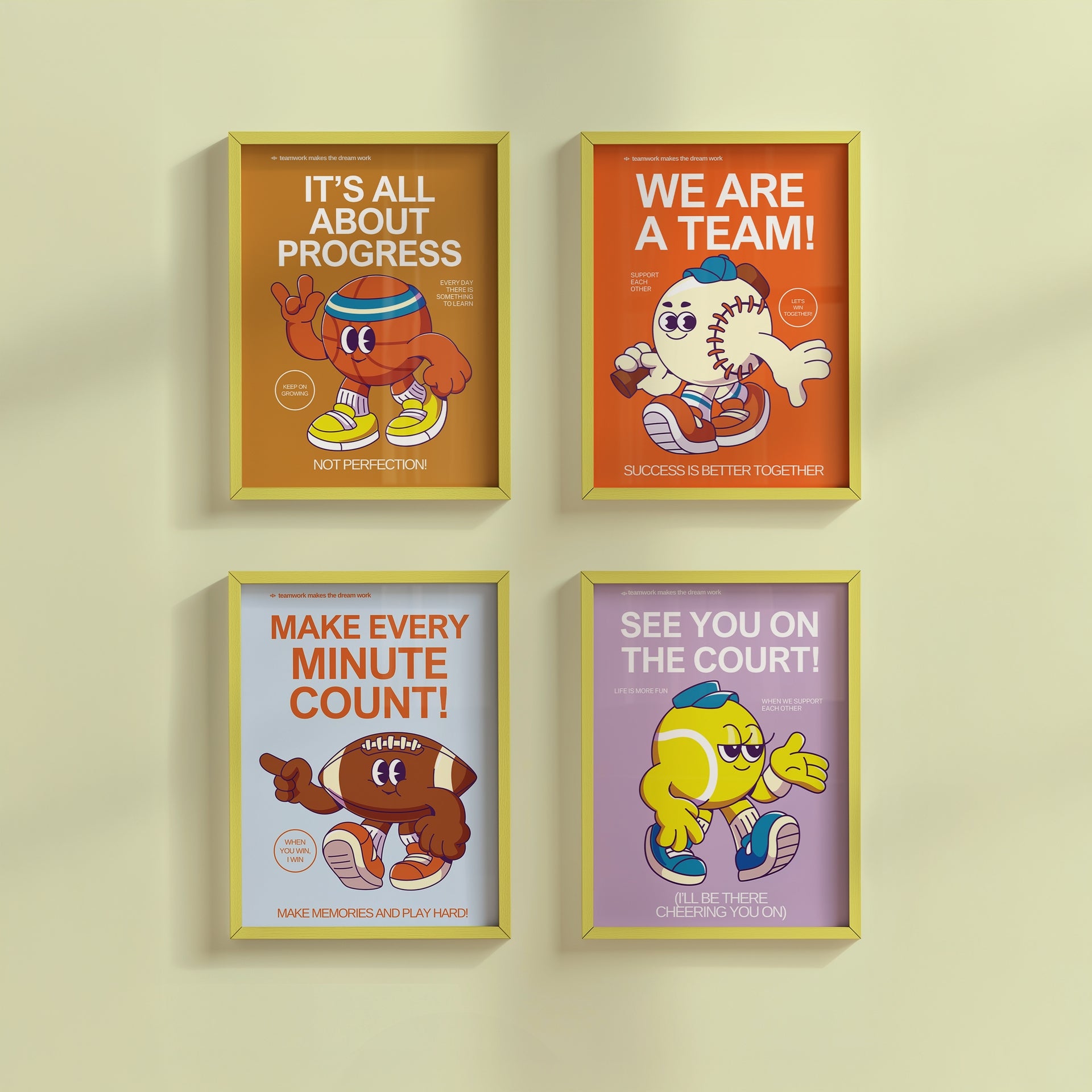 Set of Four Kids and Classroom Sporty Cartoon Vertical Art Prints