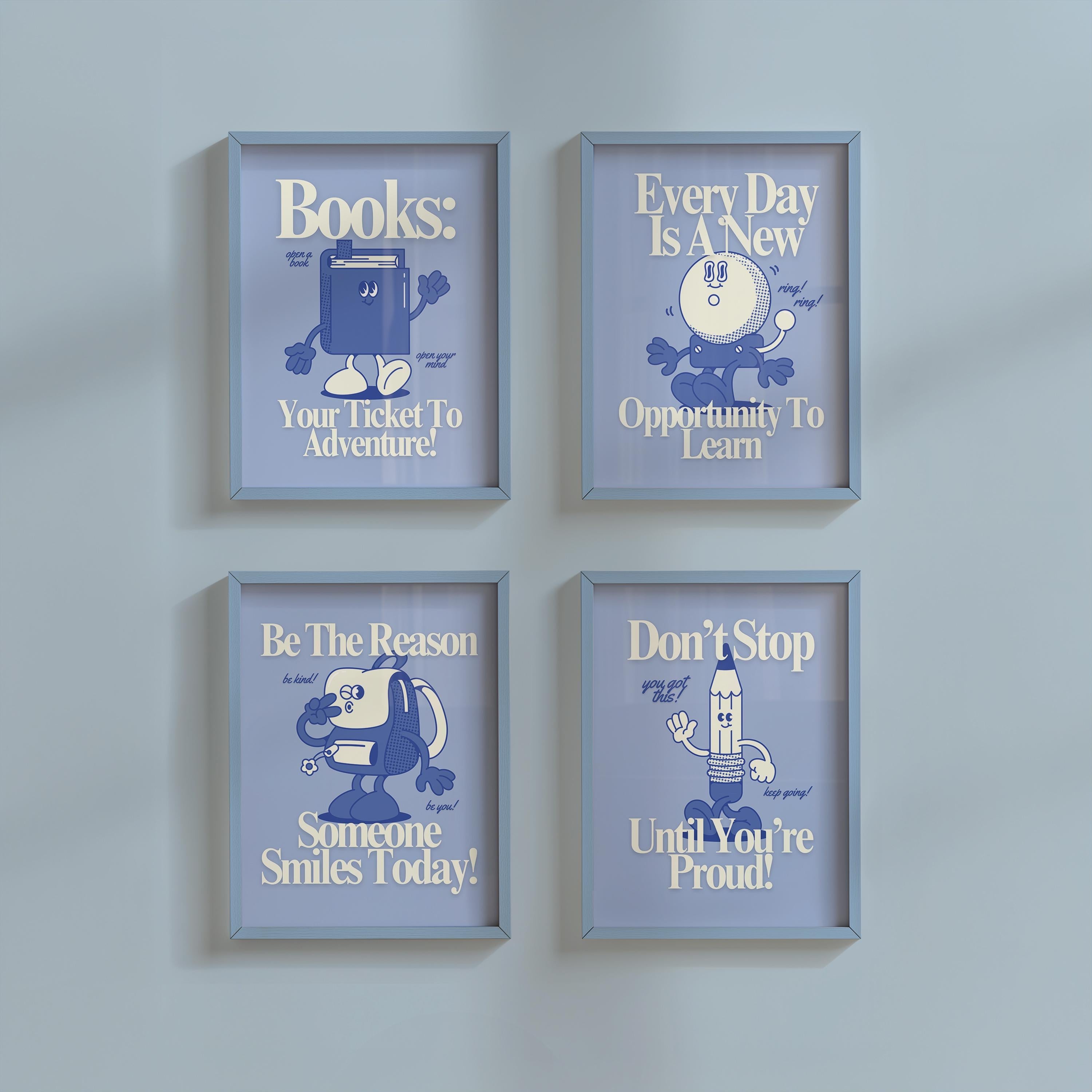 Set of Four Blue Classroom Cartoon Vertical Digital Art Prints