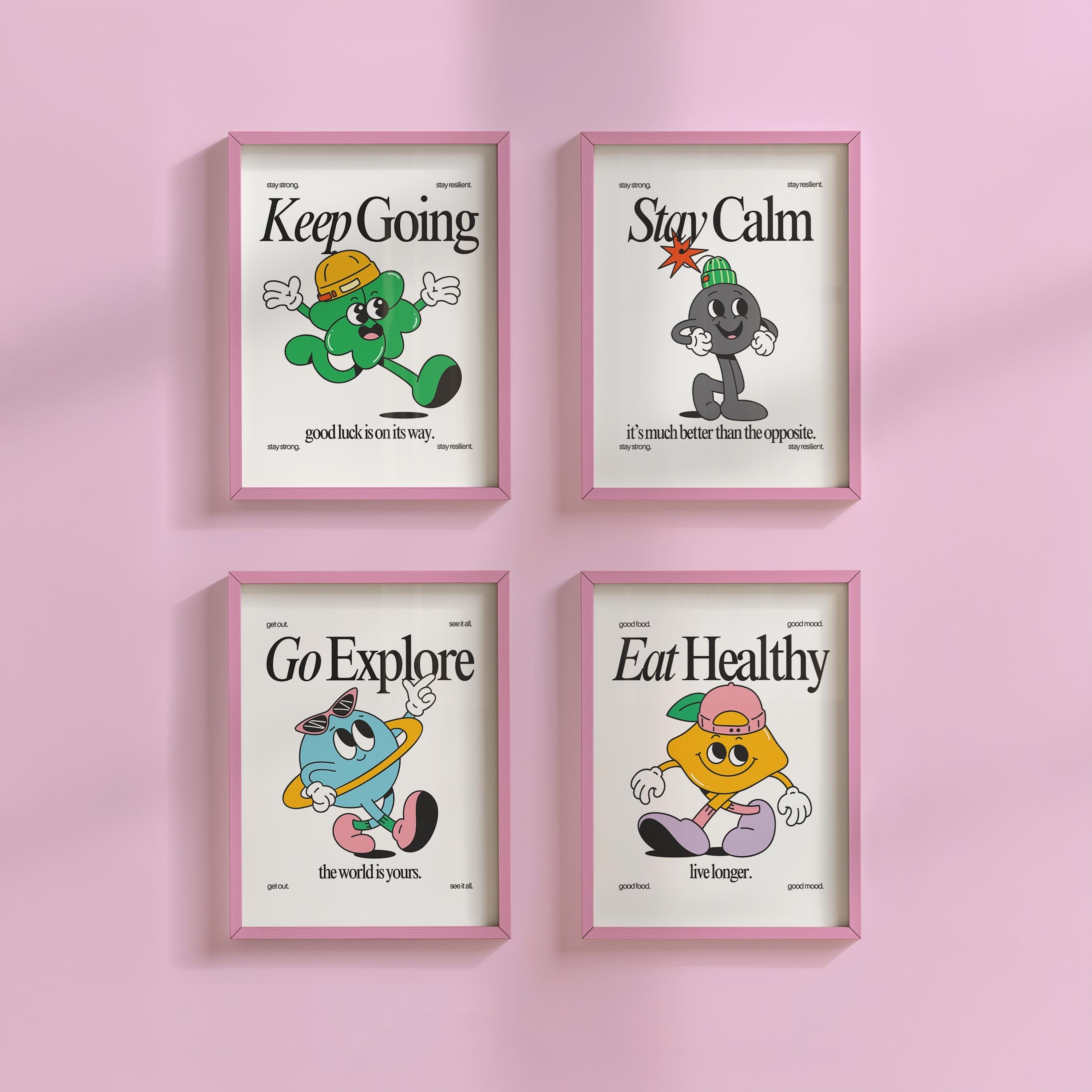 Set of Four Cute Cartoon Classroom Vertical Digital Art Prints